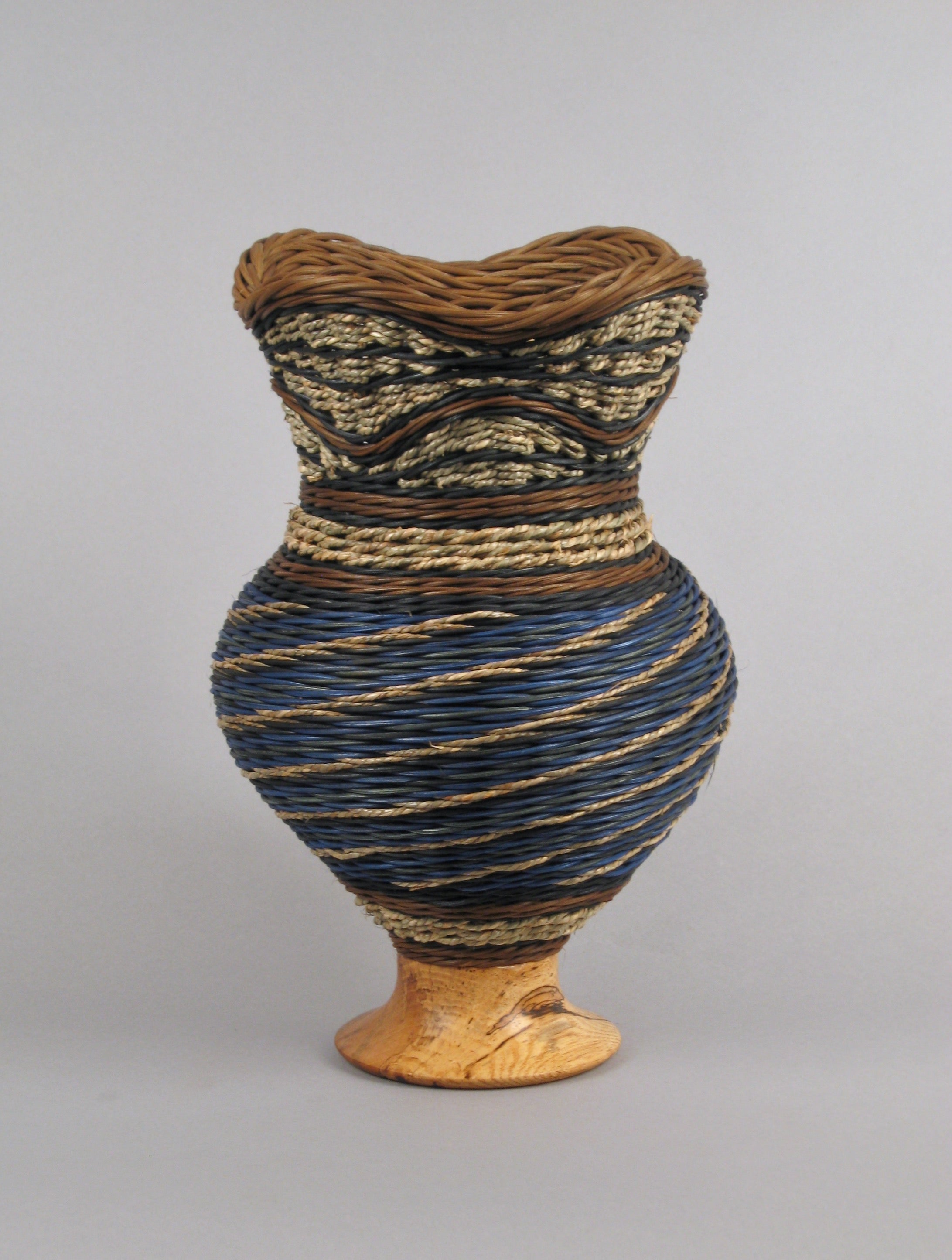 "BLUE CORONET" Mixed Media Basket with Hand Turned Hickory Wood Base ...