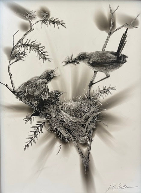 “Carolina Wren Chicks” Fumage Drawing on Clay Board – Lucy Clark ...